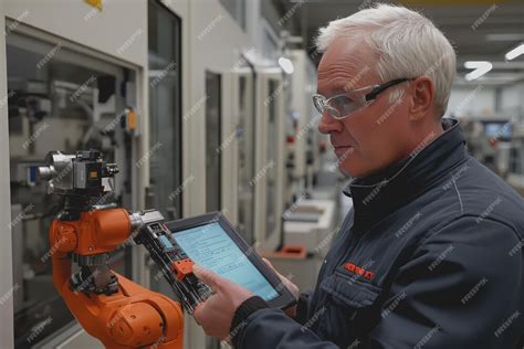 Premium Photo Engineer Manager Monitors And Controls Robotic Arm