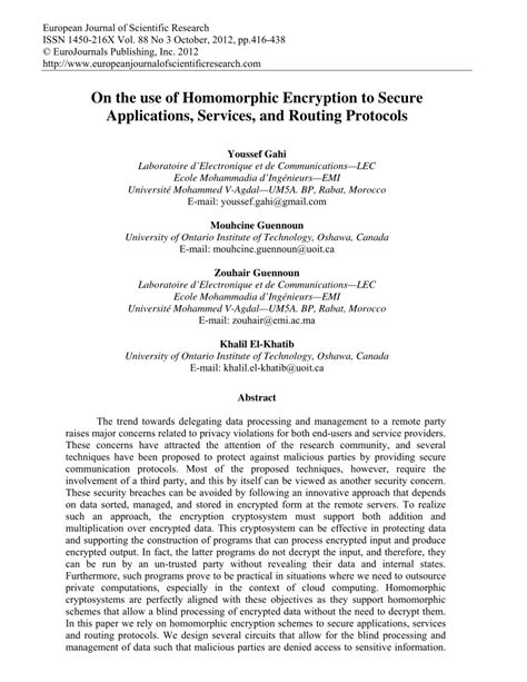 Pdf On The Use Of Homomorphic Encryption To Secure Applications Services And Routing Protocols