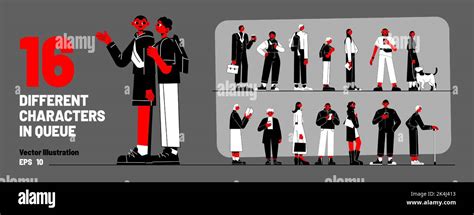 Set Of Different Characters Standing In Long Queue Diverse People