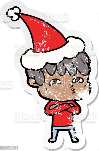 산타 모자를 쓴 호기심 많은 남자의 손으로 그린 고민 스티커 만화 낙서 드로잉에 대한 스톡 벡터 아트 및 기타 이미지 낙서 드로잉 데칼 등장인물 Istock