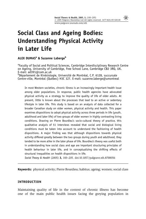 Pdf Social Class And Ageing Bodies Understanding Physical Activity In Later Life