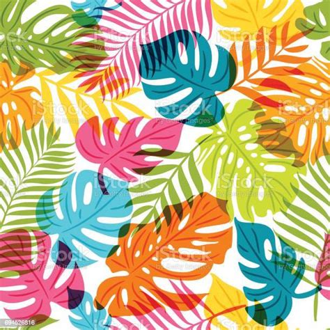 멀티 컬러 야자수와 벡터 원활한 패턴 단풍 여름 열 대 배경입니다 패턴에 대한 스톡 벡터 아트 및 기타 이미지 패턴 여름
