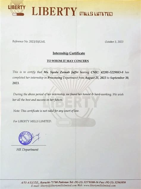 Syeda Zainab Jaffri On Linkedin Internship Libertymillsltd Textile