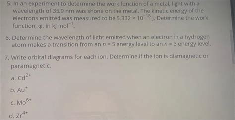 Solved 5 In An Experiment To Determine The Work Function Of