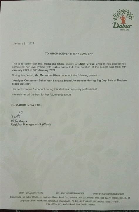 Daburindia Share Certificate Trainning Memoona Khan 10 Comments