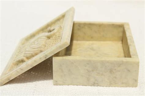 70s 80s Vintage India Carved Stone Box Incense Holder W Swan Cameo