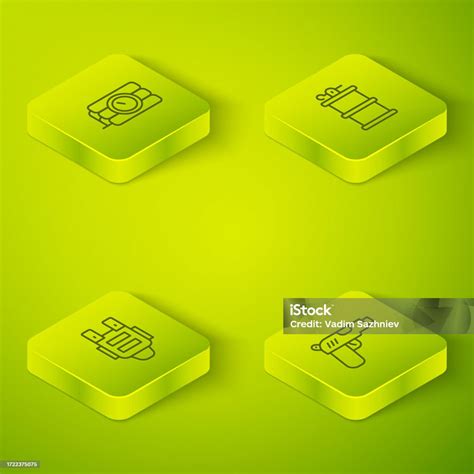 아이소메트릭 라인 손 연기 수류탄 방탄 조끼 권총 또는 총 및 다이너마이트 타이머 시계 아이콘을 설정합니다 벡터 3차원 형태에 대한 스톡 벡터 아트 및 기타 이미지 Istock