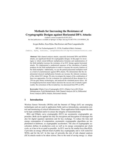 Pdf Methods For Increasing The Resistance Of Cryptographic Designs Against Horizontal Dpa Attacks