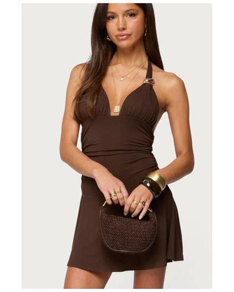 Edikted Rafaella Ruched Halter Mini Dress In Brown Lyst