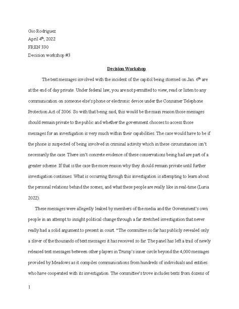 Decision Workshop 3 Work Gio Rodriguez April 4th 2022 Fren 330