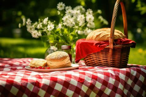 Ai Generated Picnic Basket On The Tablecloth In Summer Garden Summer