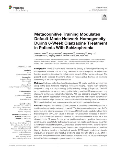 Pdf Metacognitive Training Modulates Default Mode Network Homogeneity