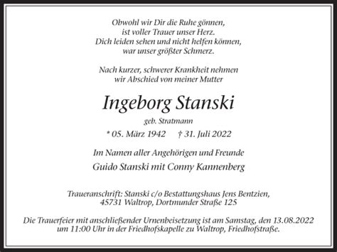 Traueranzeigen Von Ingeborg Stanski Sich Erinnernde