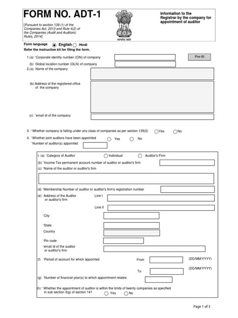 Form No Adt 1 Information To The Registrar By The Company For Appointment Of Auditor