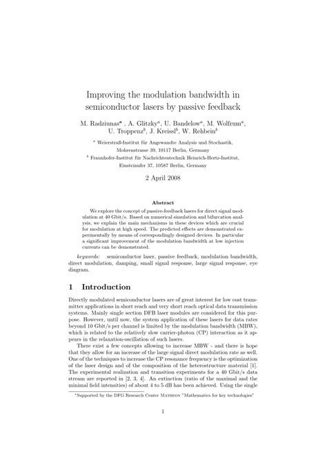 Pdf Improving The Modulation Bandwidth In Semiconductor Lasers By Passive Feedback