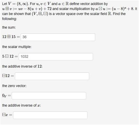 solved let v 8 ∞ for u v∈v and a∈r define vector addition