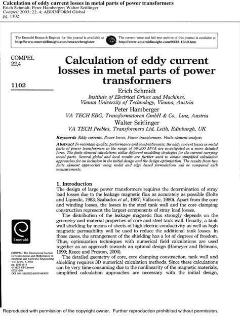 Calculation Of Eddy Current Losses In Metal Parts Of Power Transformers Pdf