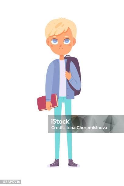 행복 한 학교 소년 책과 배낭 벡터 일러스트 만화 젊은 학생 남성 캐릭터는 흰색 배경에 고립되어 있습니다 학교 교육 대학 대학