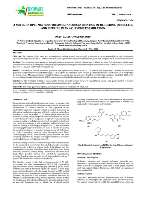 Pdf A Novel Rp Hplc Method For Simultaneous Estimation Of Berberine Quercetin And Piperine