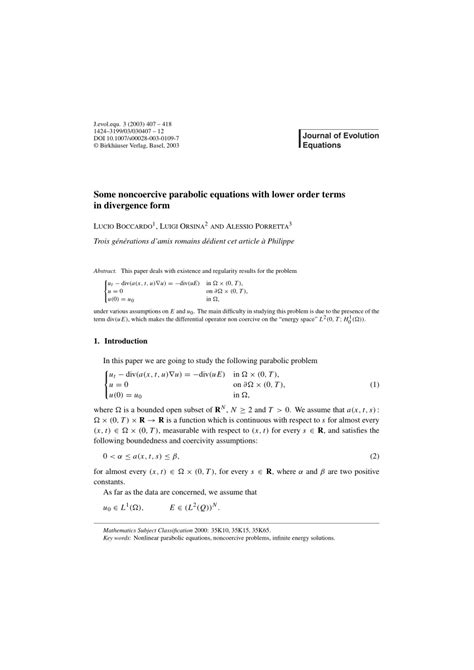 Pdf Some Noncoercive Parabolic Equations With Lower Order Terms In Divergence Form