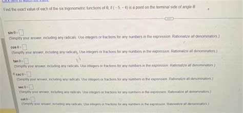 Solved Find The Exact Value Of Each Of The Six Trigonometric Chegg Com