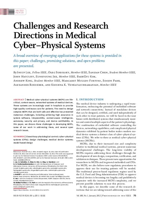 Pdf Challenges And Research Directions In Medical Cyberphysical Systems Eunkyoung Jee