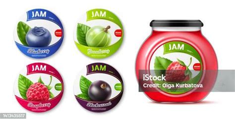 현실적인 베리 잼 라벨 항아리에 스티커 달콤한 디저트 제품 유기농 식품 라즈베리와 블루 베리 건포도와 구즈 베리 패키지 디자인 3d 고립 된 요소 모형 전체 벡터 세트