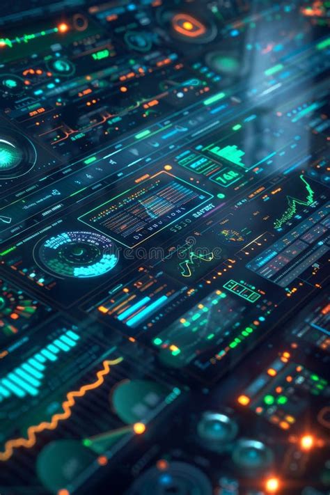 Sleek Digital Interface With Glowing Data Graphs And Charts In Blue And Green Colors Stock