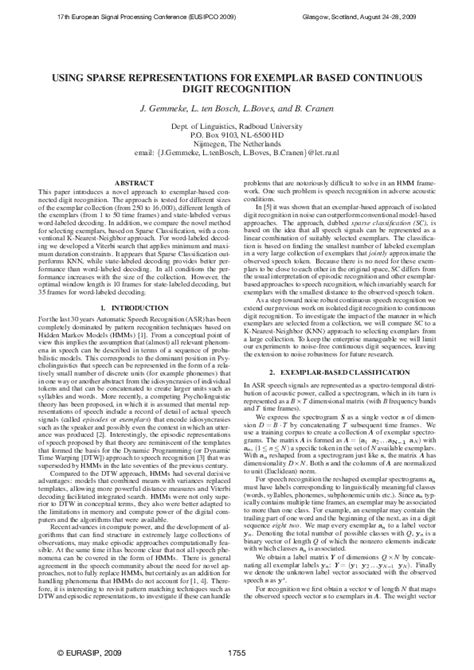 Pdf Using Sparse Representations For Exemplar Based Continuous Digit
