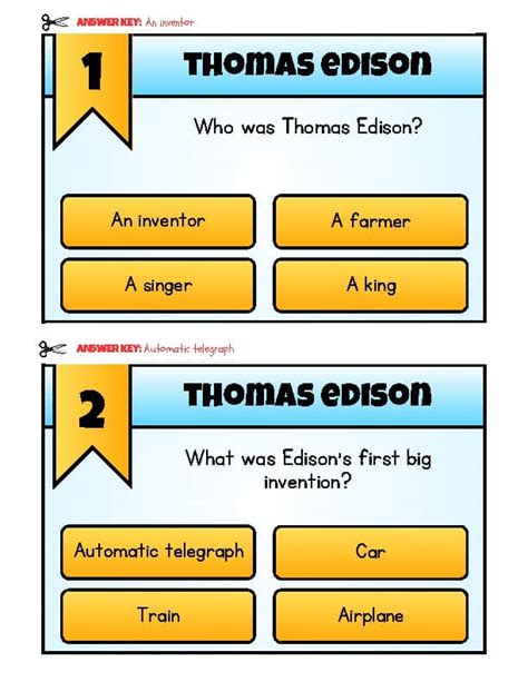 Thomas Edison Task Cards And Answer Sheet For 5 9 Grade Activities