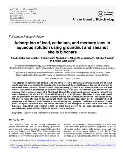 Pdf Biochar From Groundnut And Sheanut For Metal Ion Adsorption