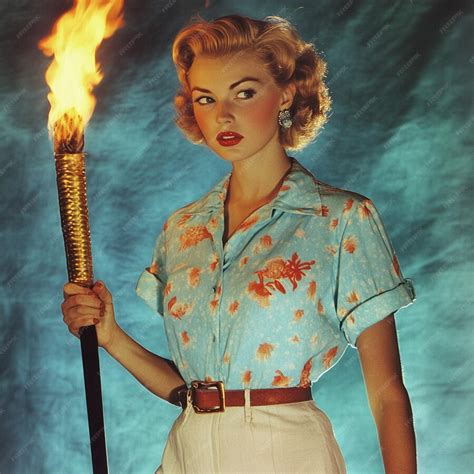 Retro Advertising Art 1950s Style Woman With Torch Premium Ai Generated Image