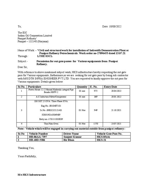 Out Gate Pass Permission Pdf Manufactured Goods