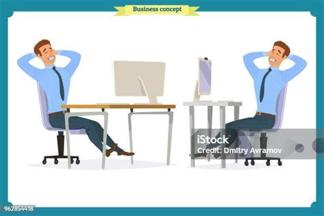 남성 회사원 자 커피 브레이크 만화 벡터 일러스트 레이 션을 설정 하는 태블릿 컴퓨터에 앉아 포즈 경영자에 대한 스톡 벡터 아트