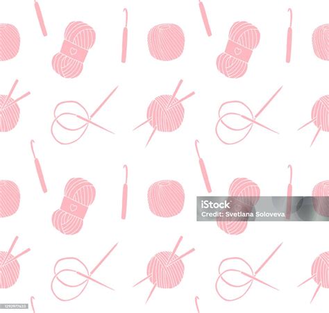 분홍색 손으로 그린 낙서 스케치 세트 번들의 벡터 매끄러운 패턴으로 뜨개질 액세서리 스레드와 바늘 공예에 대한 스톡 벡터 아트 및 기타 이미지 Istock
