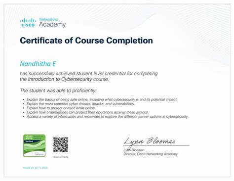 Completed Ciscos Cybersecurity Course With A Verified Badge Nandhitha E Posted On The Topic