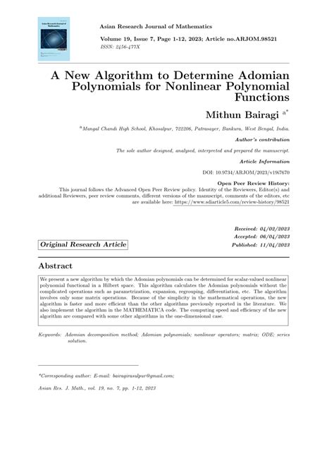 Pdf A New Algorithm To Determine Adomian Polynomials For Nonlinear