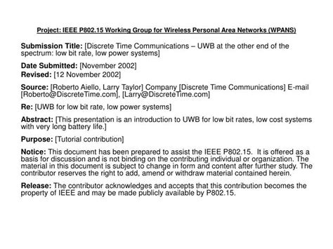 Ppt Project Ieee P802 15 Working Group For Wireless Personal Area Networks Wpans Powerpoint