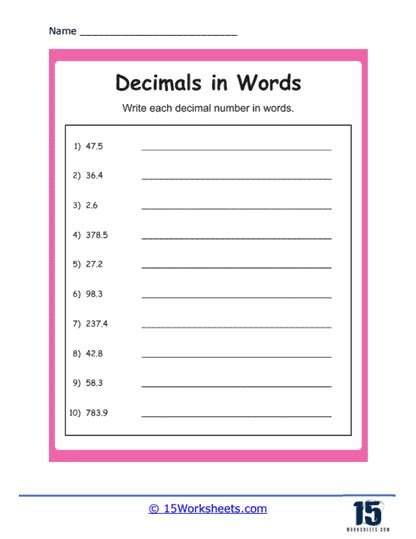 Writing Decimals In Word Form Worksheet