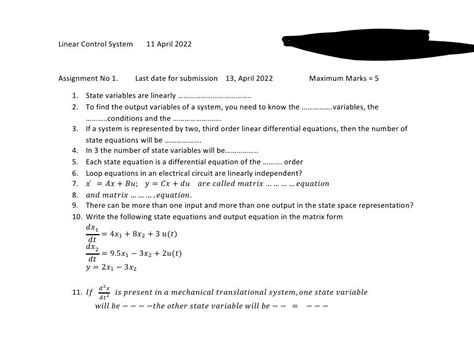 Solved Linear Control System 11 April 2022 Assignment No 1