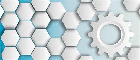 White Hexagon Structure Gears Header On Blue Background Stock