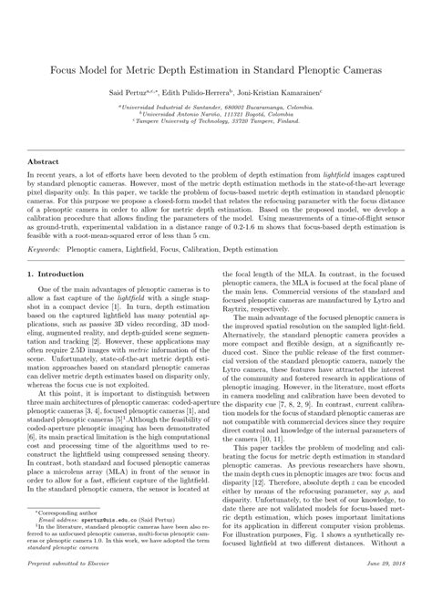 Pdf Focus Model For Metric Depth Estimation In Standard Plenoptic Cameras