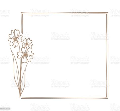 식물 사각형 프레임입니다 손으로 그린 선 테두리 나뭇잎과 꽃 청첩장 카드 로고 디자인 포스터 템플릿 우아한 미니멀 스타일 0명에 대한 스톡 벡터 아트 및 기타 이미지
