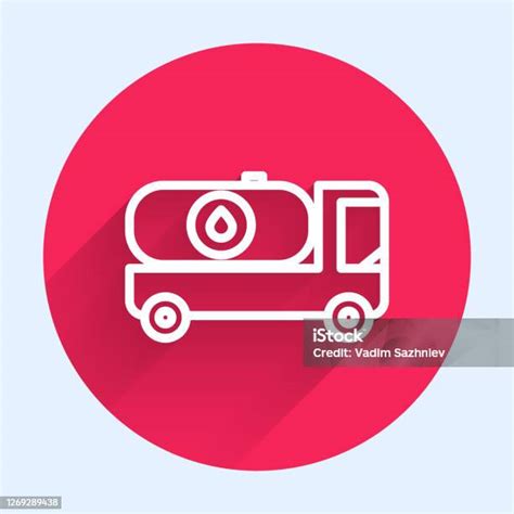 긴 그림자로 격리 된 화이트 라인 연료 유조선 트럭 아이콘 가솔린 유조선 빨간색 원 버튼입니다 벡터 일러스트레이션 0명에 대한 스톡 벡터 아트 및 기타 이미지 Istock