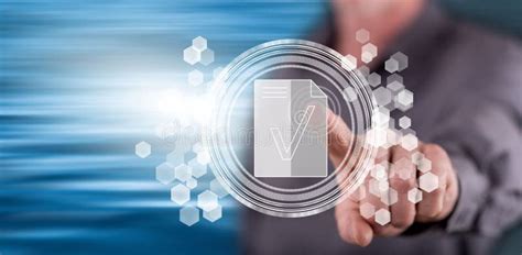 man touching a document validation concept stock illustration
