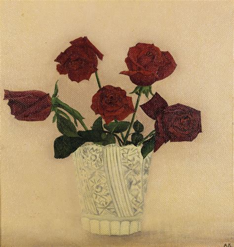 Alexander Karavaev БУКЕТ ТРОЯНД У КРИШТАЛЕВІЙ ВАЗІ 1988 33×35 см Опис твору Артхів