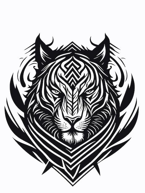 터 화난 호랑이 머리 실루 ⁇ 신화 로고 단색 디자인 스타일 예술 작품 일러스트레이션 프리미엄 벡터