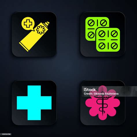 스틱 연고 크림 튜브 약 크로스 병원 의료 및 물집 팩에 알약과 응급 스타 의료 기호 Caduceus 뱀을 설정합니다 검은 색 사각형 버튼 벡터 0명에 대한 스톡 벡터 아트