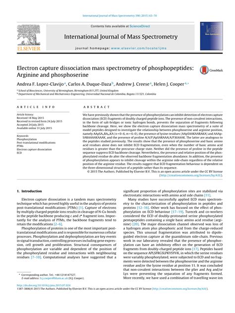 Pdf Electron Capture Dissociation Mass Spectrometry Of Phosphopeptides Arginine And Phosphoserine