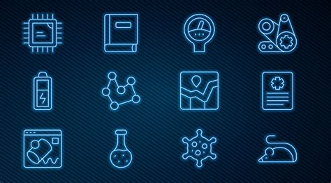 라인 실험 마우스 환자 기록 게이지 스케일 화학식 배터리 프로세서 Cpu 그래프 차트 인포그래픽 및 과학 책 아이콘을 설정합니다 벡터 Cpu에 대한 스톡 벡터 아트 및 기타